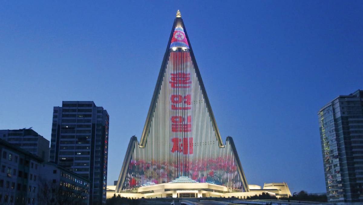 World's tallest empty hotel lit up with N. Korean propaganda